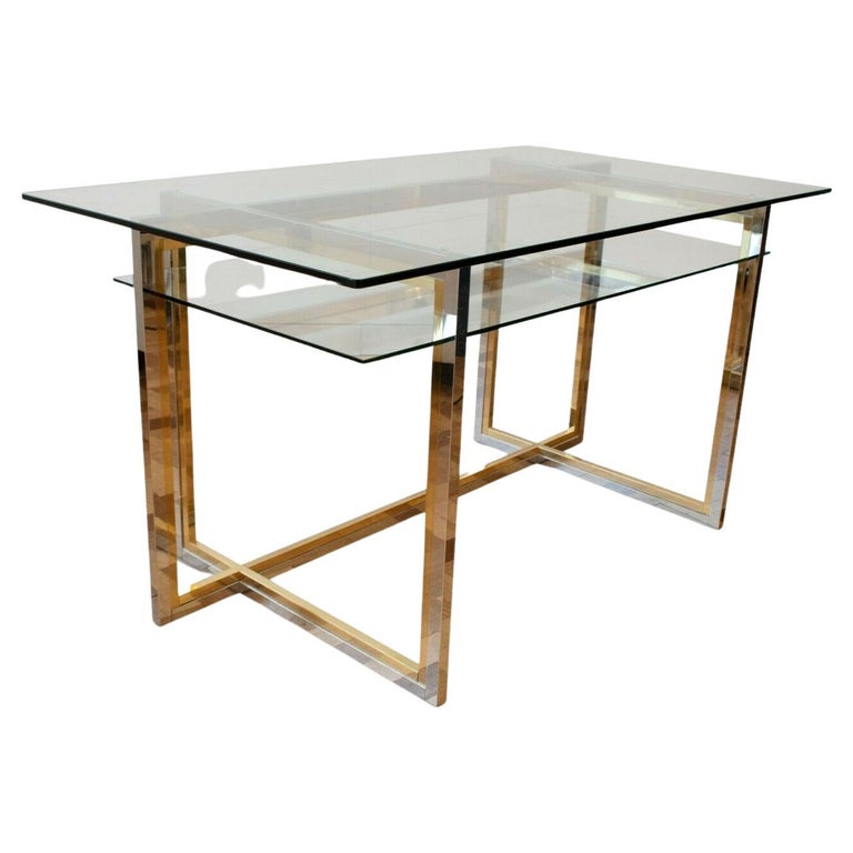 1970s Italian Glass Desk with Chrome and Brass Detailing at 1stDibs