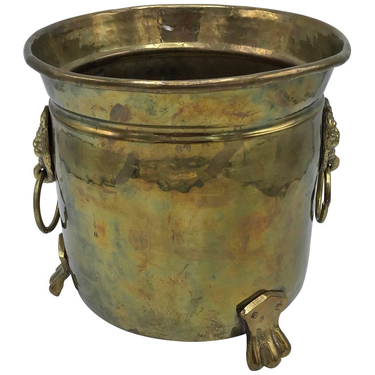 1970s Italian Hammered Brass Cachepot Planter with Lion Head and Foot ...