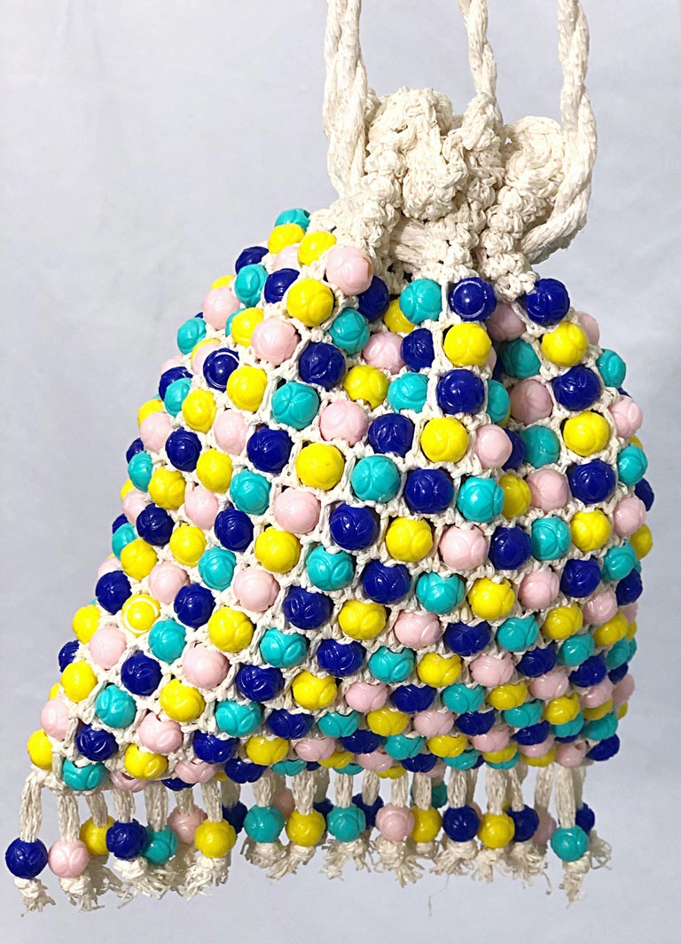 1970s Italian Made Ivory + Blue + Yellow Crochet Vintage 70s Handbag ...