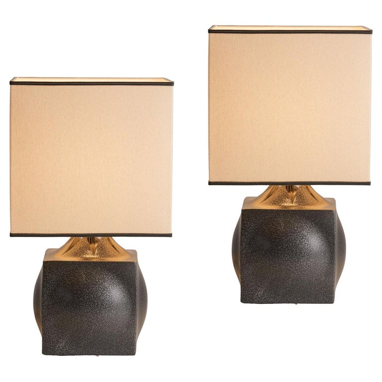 1970s Italian Pair of Cubist Pottery Lamps with Custom Shades For Sale ...