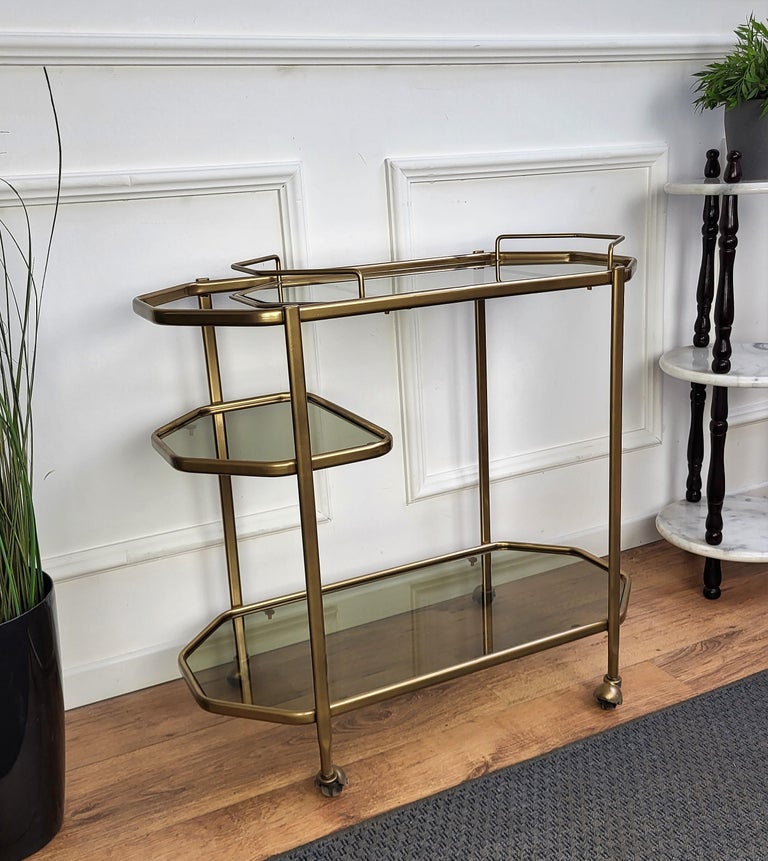 1970s Italian Two-Tier Brass Glass Octagonal Bar Cart with Removable ...
