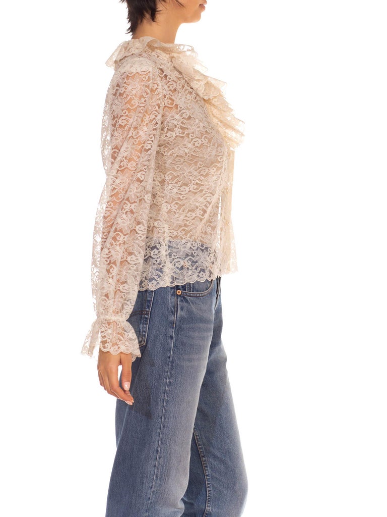 1970S Ivory Polyester Lace Ruffle Collar and Cuffs Blouse For Sale at ...