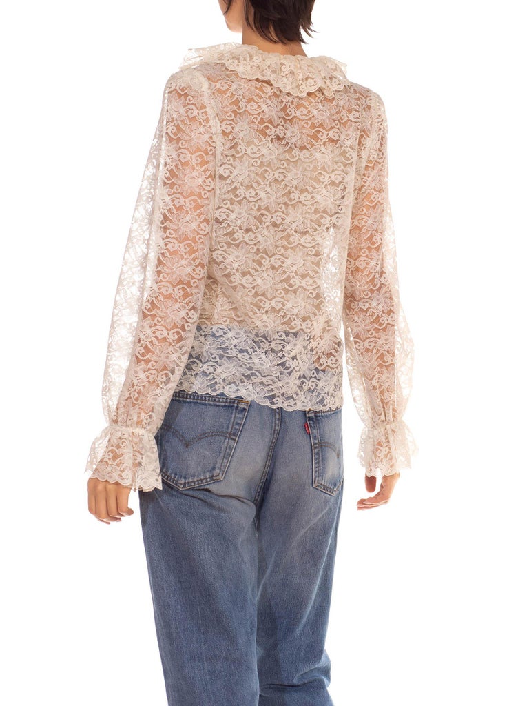1970S Ivory Polyester Lace Ruffle Collar and Cuffs Blouse For Sale at ...