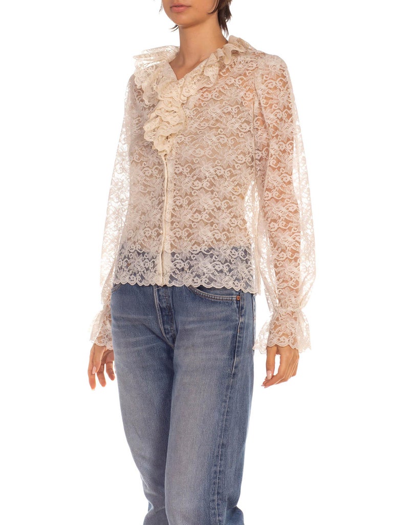 1970S Ivory Polyester Lace Ruffle Collar and Cuffs Blouse For Sale at ...