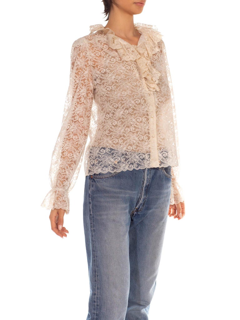 1970S Ivory Polyester Lace Ruffle Collar and Cuffs Blouse For Sale at ...