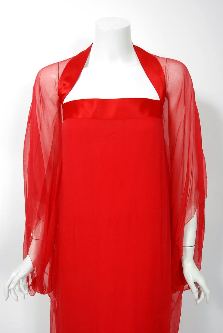 1970's Jacqueline de Ribes Red Sheer Silk-Chiffon Draped Caftan Goddess ...