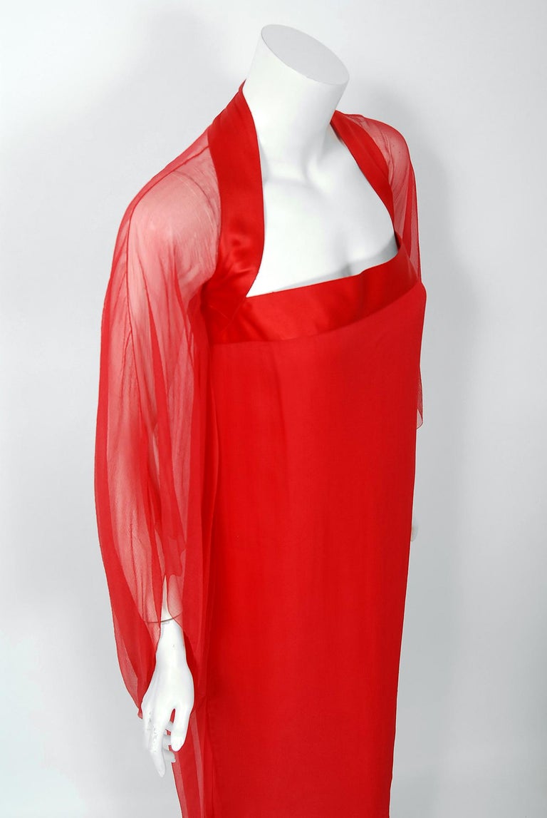 1970's Jacqueline de Ribes Red Sheer Silk-Chiffon Draped Caftan Goddess ...