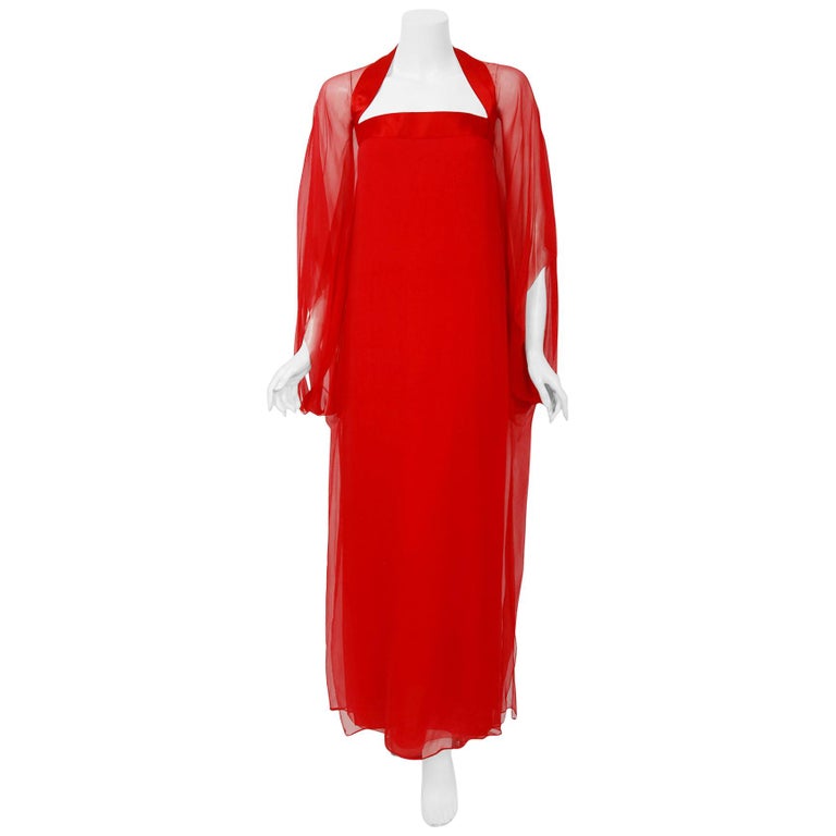 1970's Jacqueline de Ribes Red Sheer Silk-Chiffon Draped Caftan Goddess ...