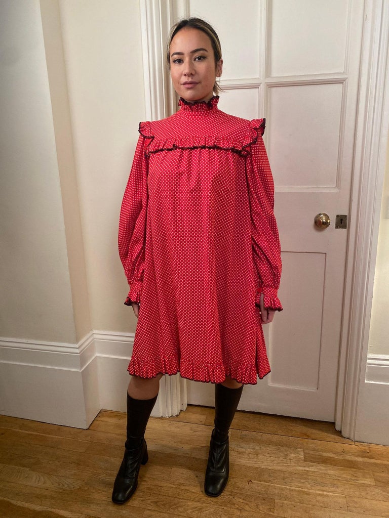 1970s Jean Varon Red Circle Print Tunic Dress For Sale at 1stDibs