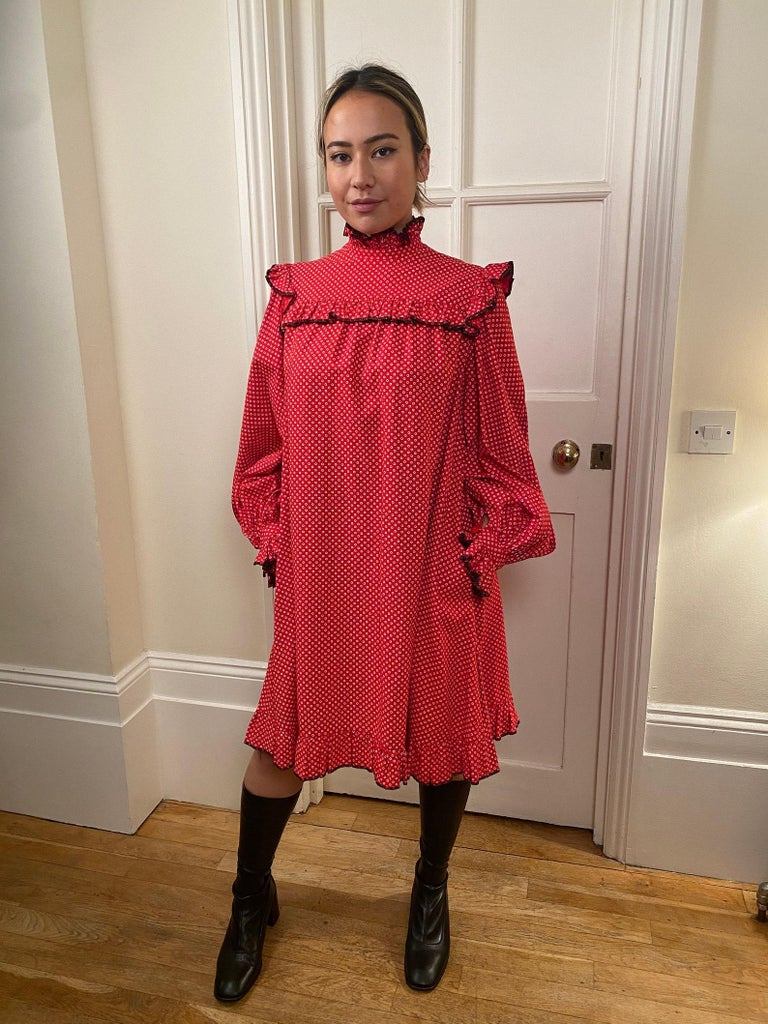 1970s Jean Varon Red Circle Print Tunic Dress For Sale at 1stDibs