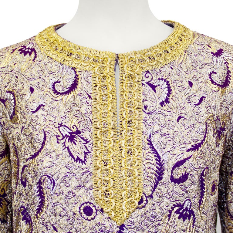 1970's Jewel Tones Brocade Tunic/Mini Dress Trimmed in Gold Metallic ...