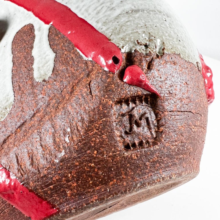 1970s JM Abstract Red and White Studio Pottery Vase Vessel For Sale at ...