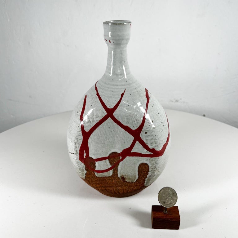 1970s JM Abstract Red and White Studio Pottery Vase Vessel For Sale at ...