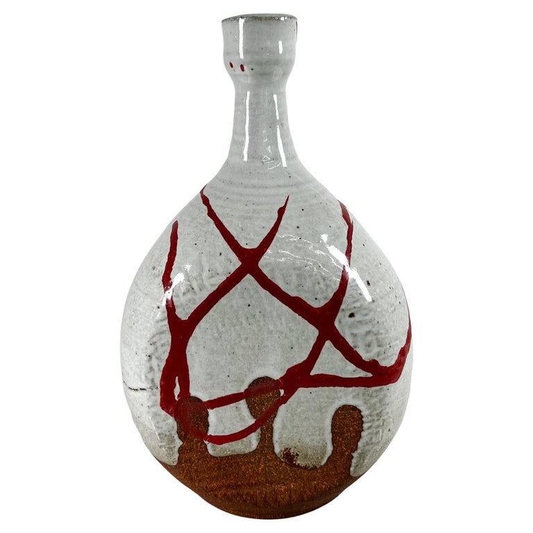1970s JM Abstract Red and White Studio Pottery Vase Vessel For Sale at ...
