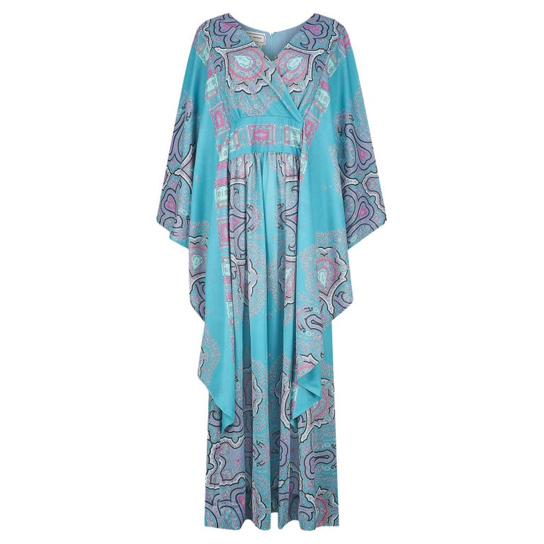 1970s John Neville Turquoise Paisley Print Maxi Dress For Sale at 1stDibs