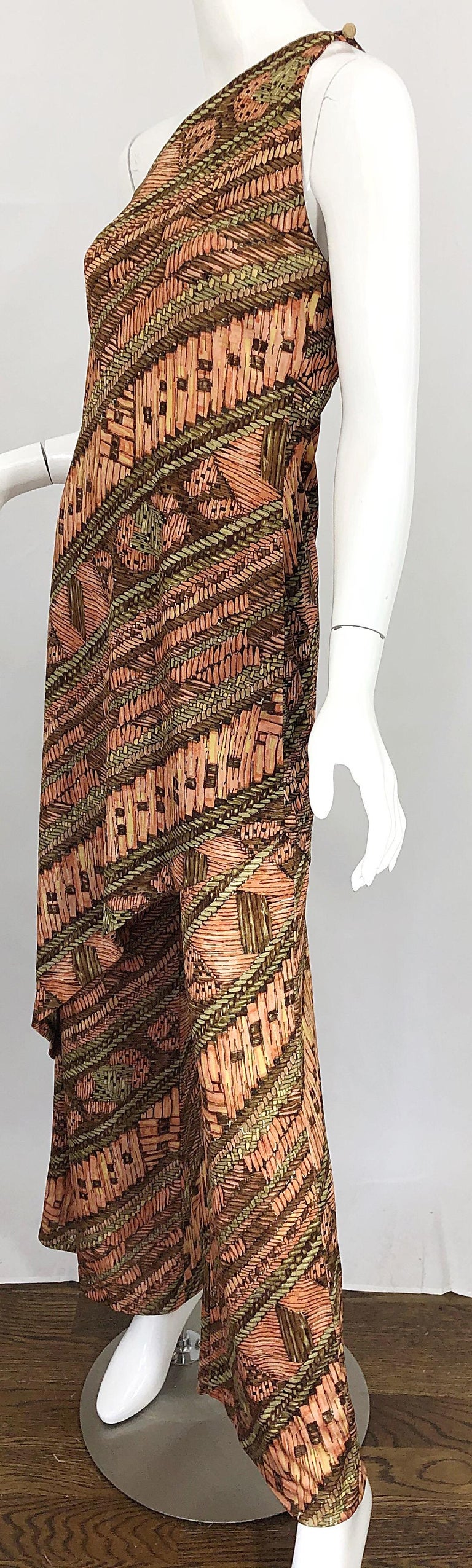 1970s Joy Stevens Batik Print Jersey Tunic Dress and Wide Leg Pants 70s ...