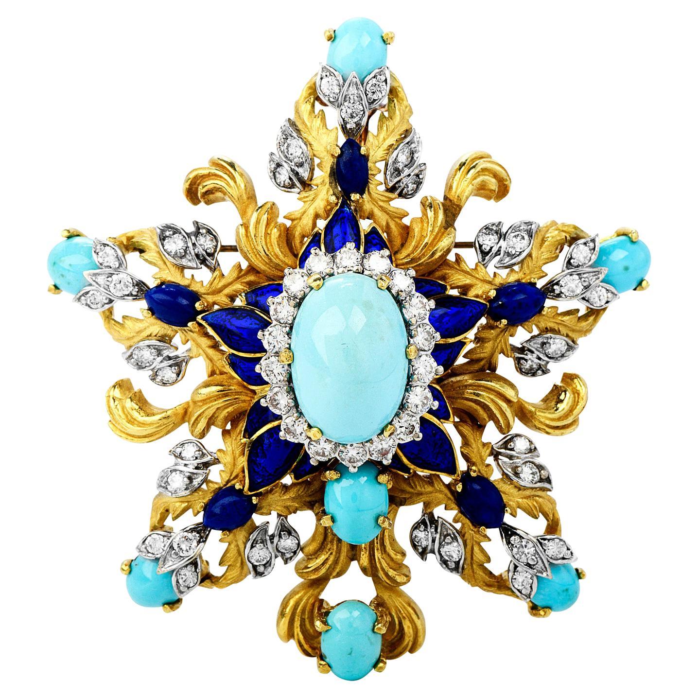 1970's La Triomphe GIA Turquoise Diamond Enamel 18k Gold Pin at 1stDibs