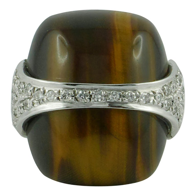 1970s La Triomphe Tiger Eye Diamond Gold Ring at 1stDibs