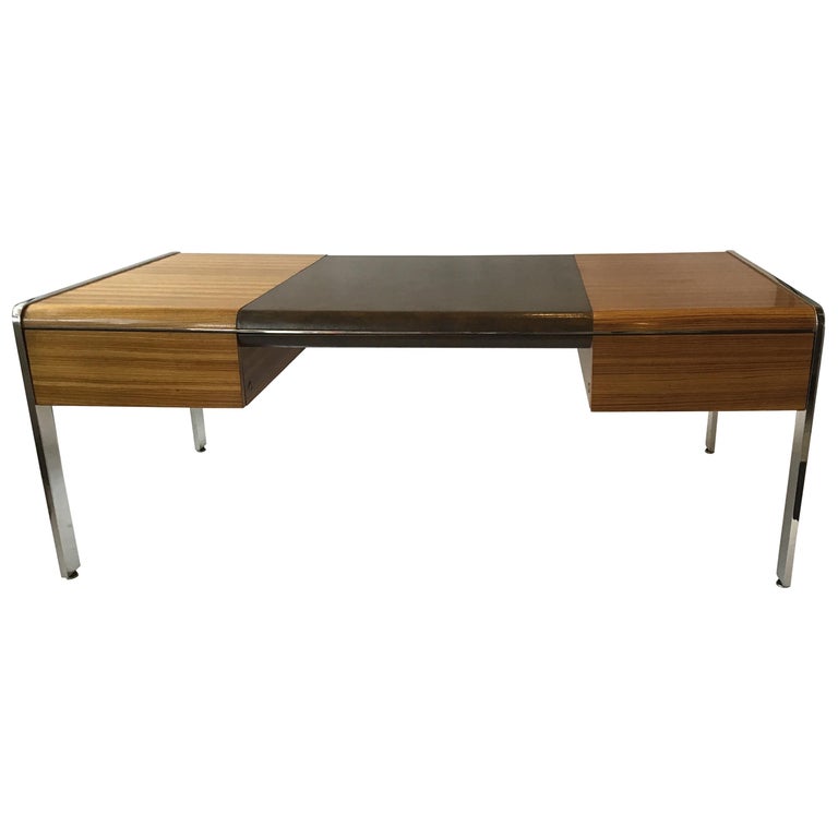 1970s Large Zebra Wood and Chrome Desk by Leon Rosen for Pace at 1stDibs