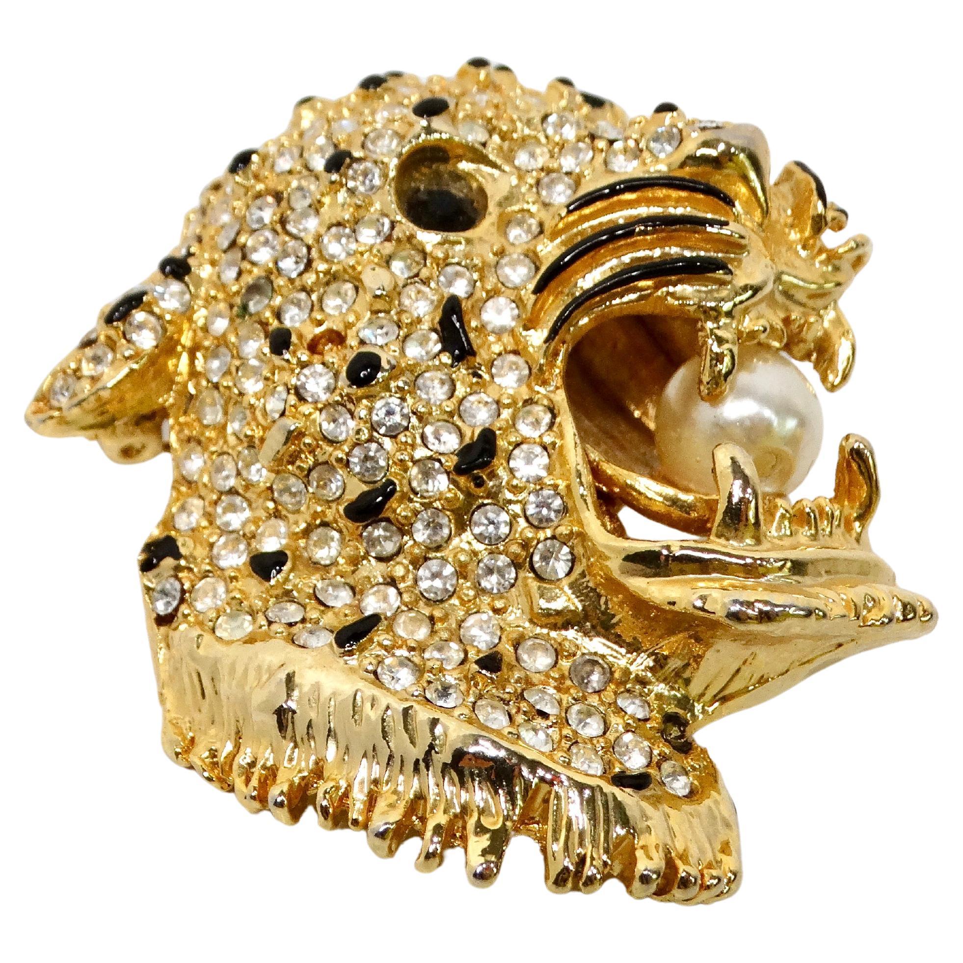 1970s Leopard Rhinestone Encrusted Gold-Tone Brooch With Pearl For Sale ...