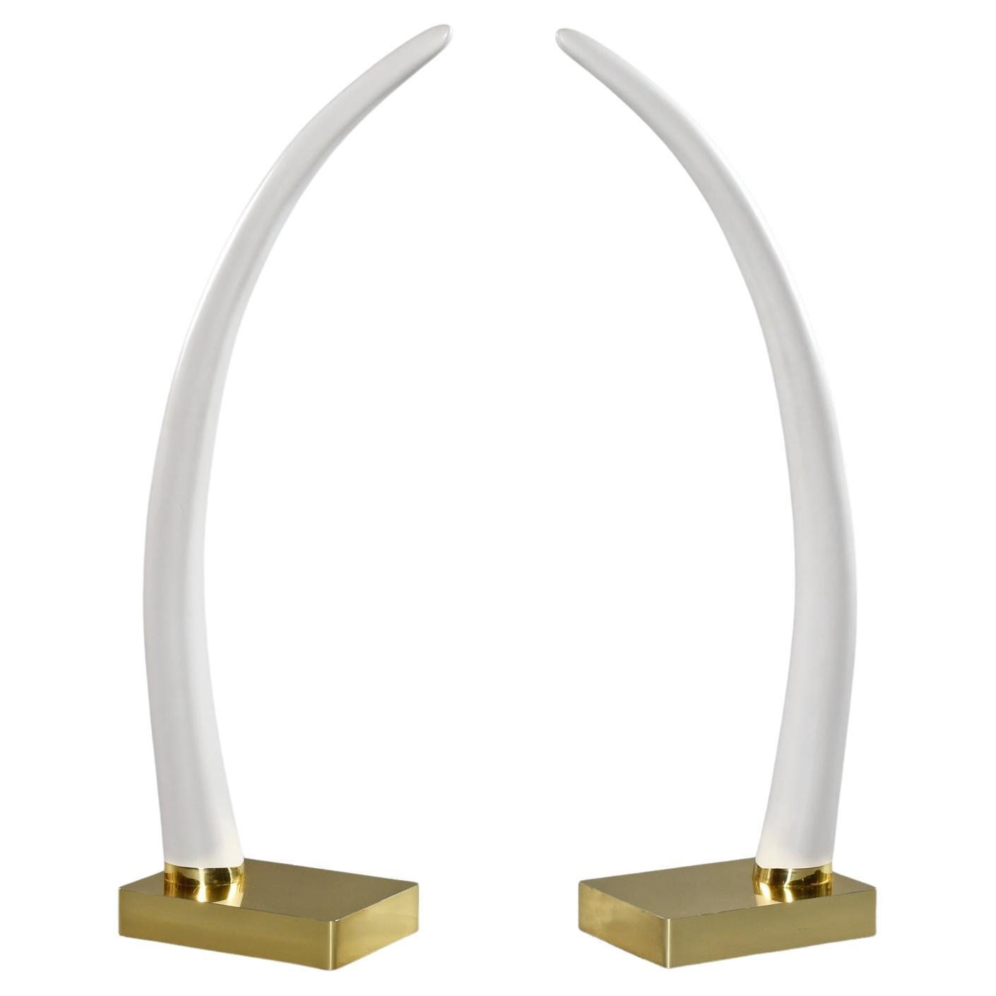 1970's Life Size Faux Ivory Elephant Tusks Mounted on Gold Colored ...
