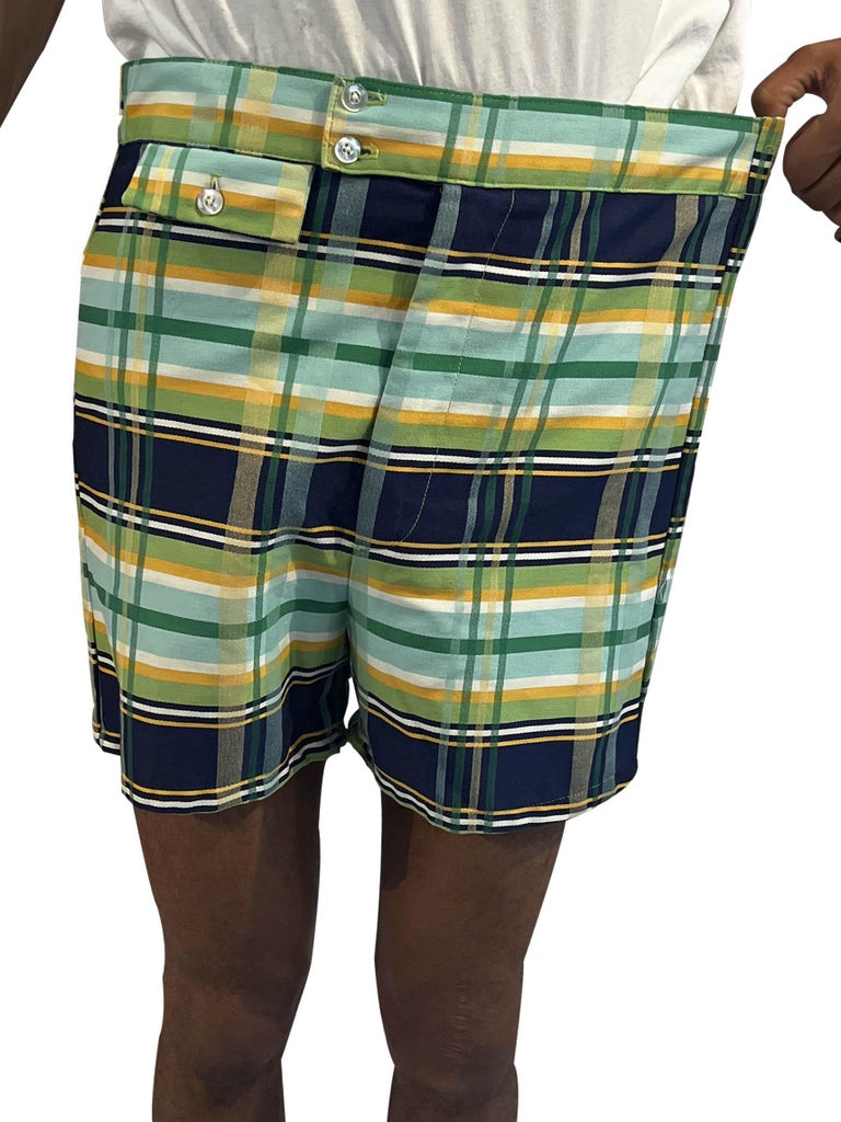 1970S Lime Green and Navy Cotton Blend Plaid Short Shorts Built In ...