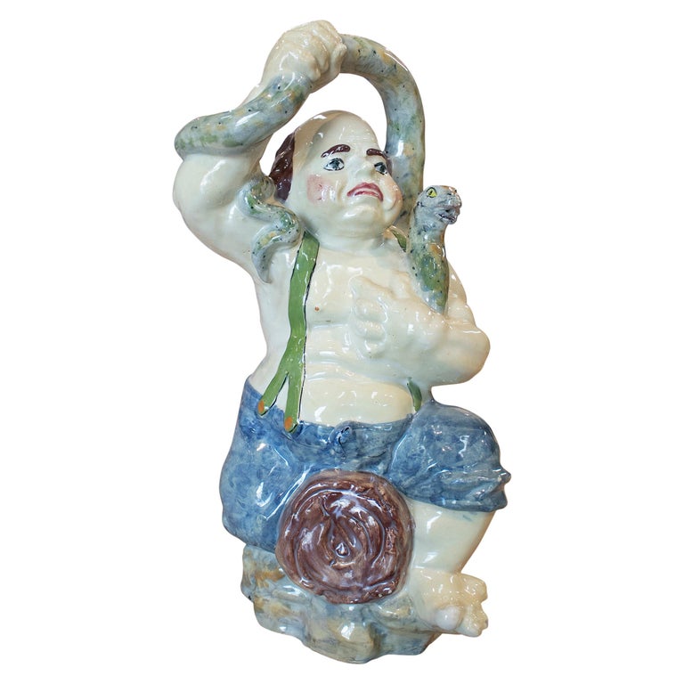 1970s Man with Serpent Spanish "Botijo" Hand Painted Earthenware Water ...