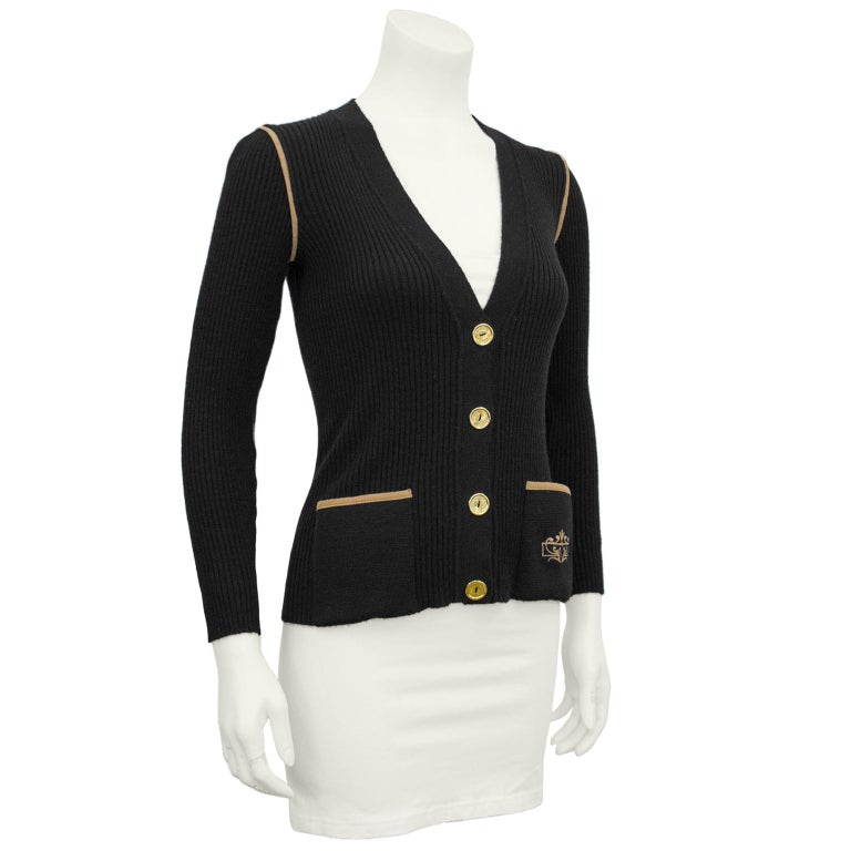 1970's Marelli Black Wool Ribbed Cardigan With Tan Accents For Sale at 1stDibs