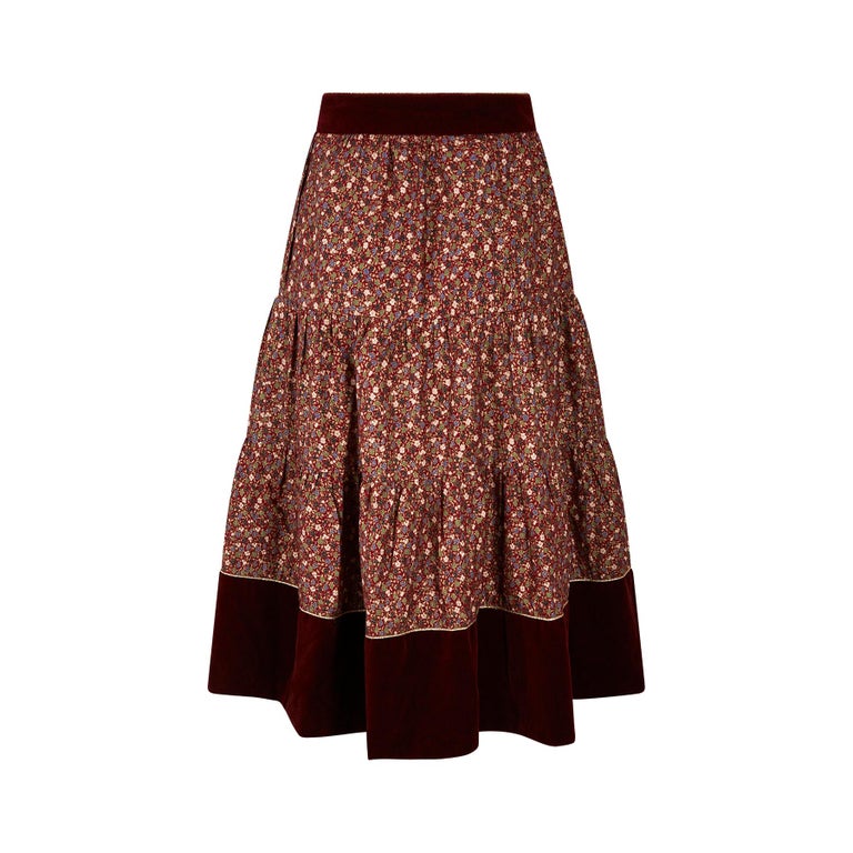 1970s Marion Donaldson Liberty Print Red Floral Cotton and Velvet Skirt ...