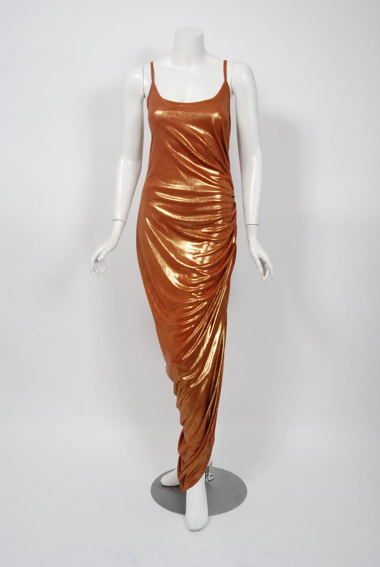 Vintage 1970's Metallic Poly-Lurex Draped Disco Maxi Dress w/ Hood ...