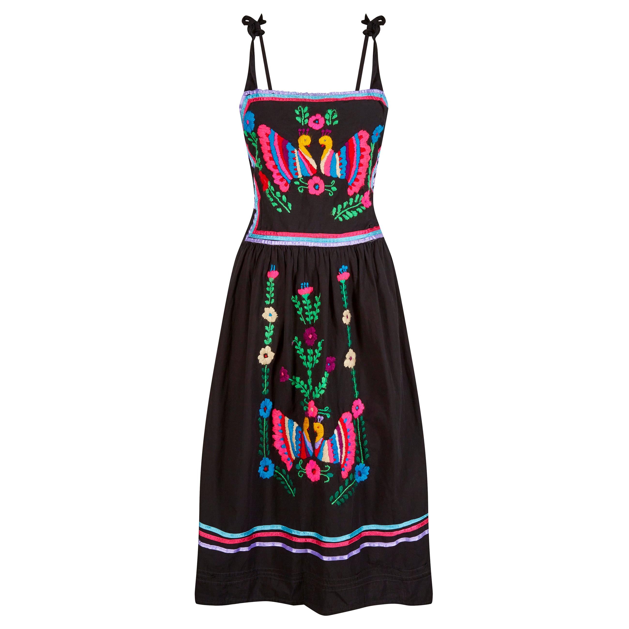 1970s Mexican Colourful Hand Embroidered Sun Dress at 1stDibs | mexican ...