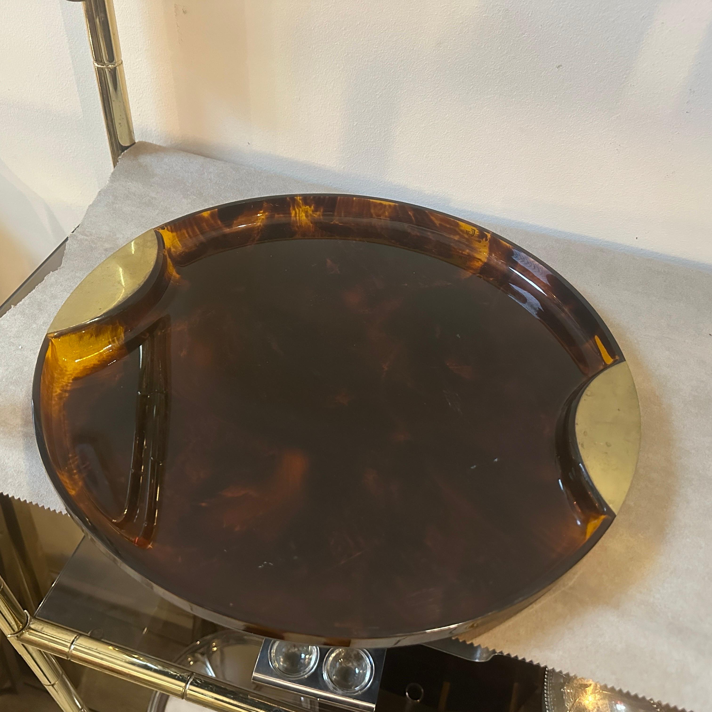 1970s Mid-Century Modern Brass and Fake Tortoise Lucite Round Tray by ...