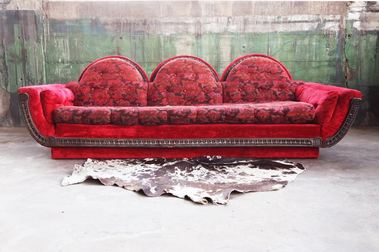 1970s Mid Century Modern Red Velvet Three Seater Plinth Base Sofa For ...