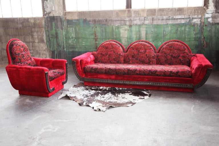 1970s Mid Century Modern Red Velvet Three Seater Plinth Base Sofa For ...