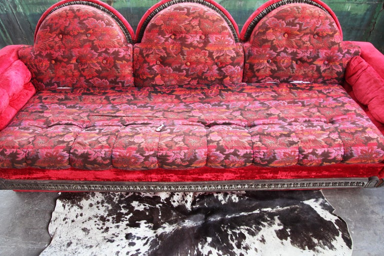 1970s Mid Century Modern Red Velvet Three Seater Plinth Base Sofa For ...