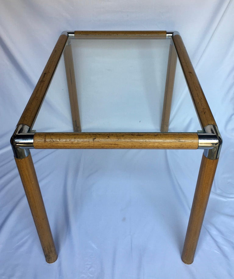 1970s Mid-Century Modern Tubular Wood and Chrome Glass Side End Table ...