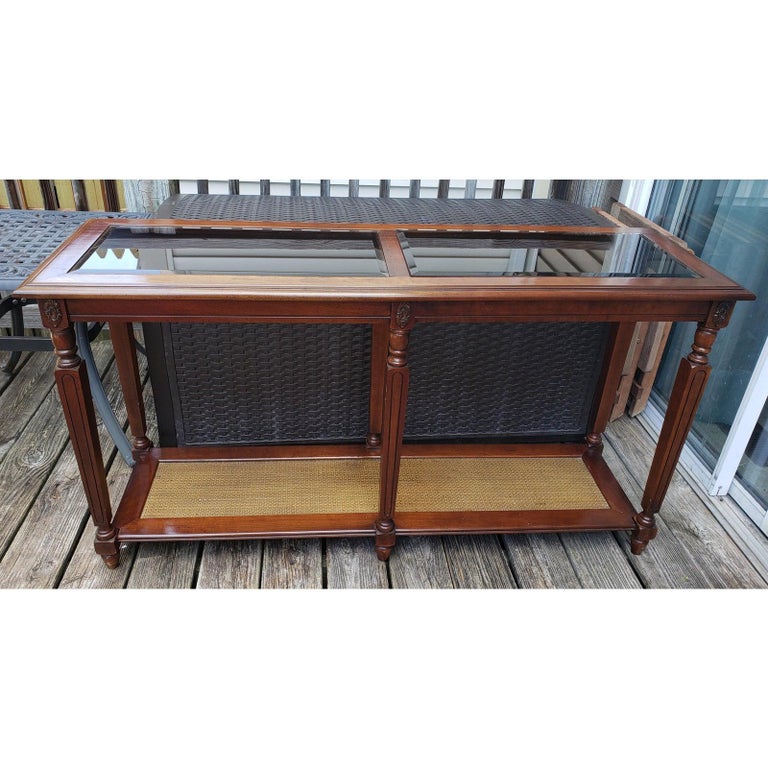 1970s Mid Century Two Tier Walnut Glass Faux Cane Console Sofa Table ...