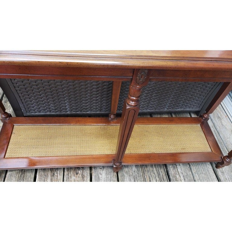 1970s Mid Century Two Tier Walnut Glass Faux Cane Console Sofa Table ...