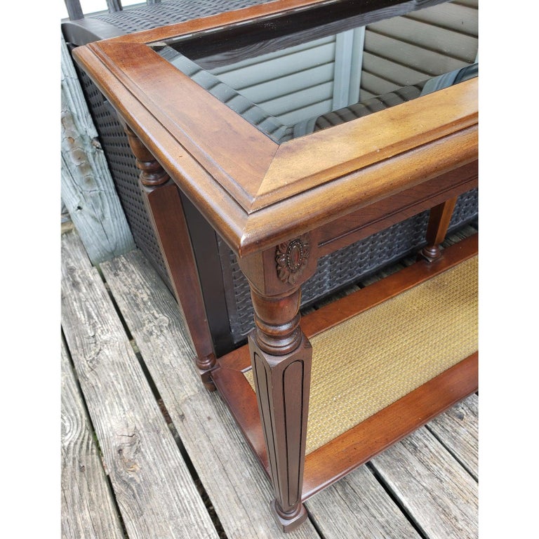 1970s Mid Century Two Tier Walnut Glass Faux Cane Console Sofa Table ...