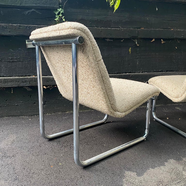 1970s Mid-Century Modern Chrome Lounge Chairs in Nubby Oatmeal Fabric ...