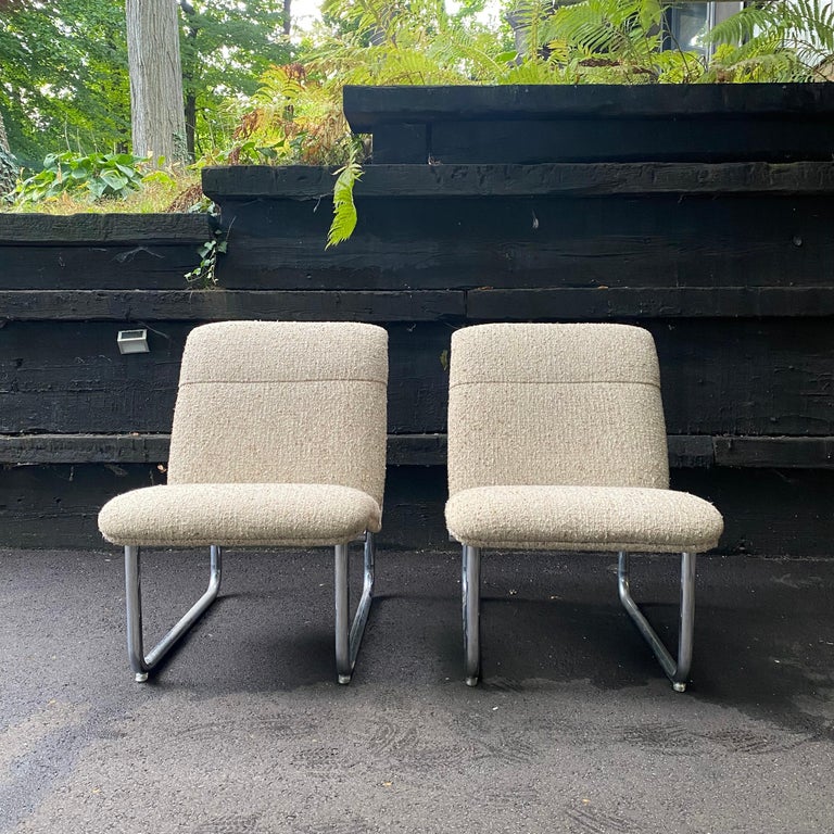 1970s Mid-Century Modern Chrome Lounge Chairs in Nubby Oatmeal Fabric ...