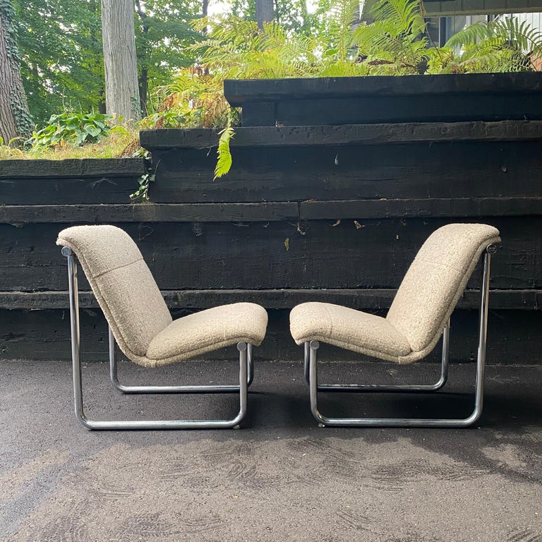 1970s Mid-Century Modern Chrome Lounge Chairs in Nubby Oatmeal Fabric ...