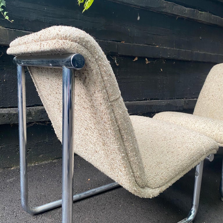 1970s Mid-Century Modern Chrome Lounge Chairs in Nubby Oatmeal Fabric ...