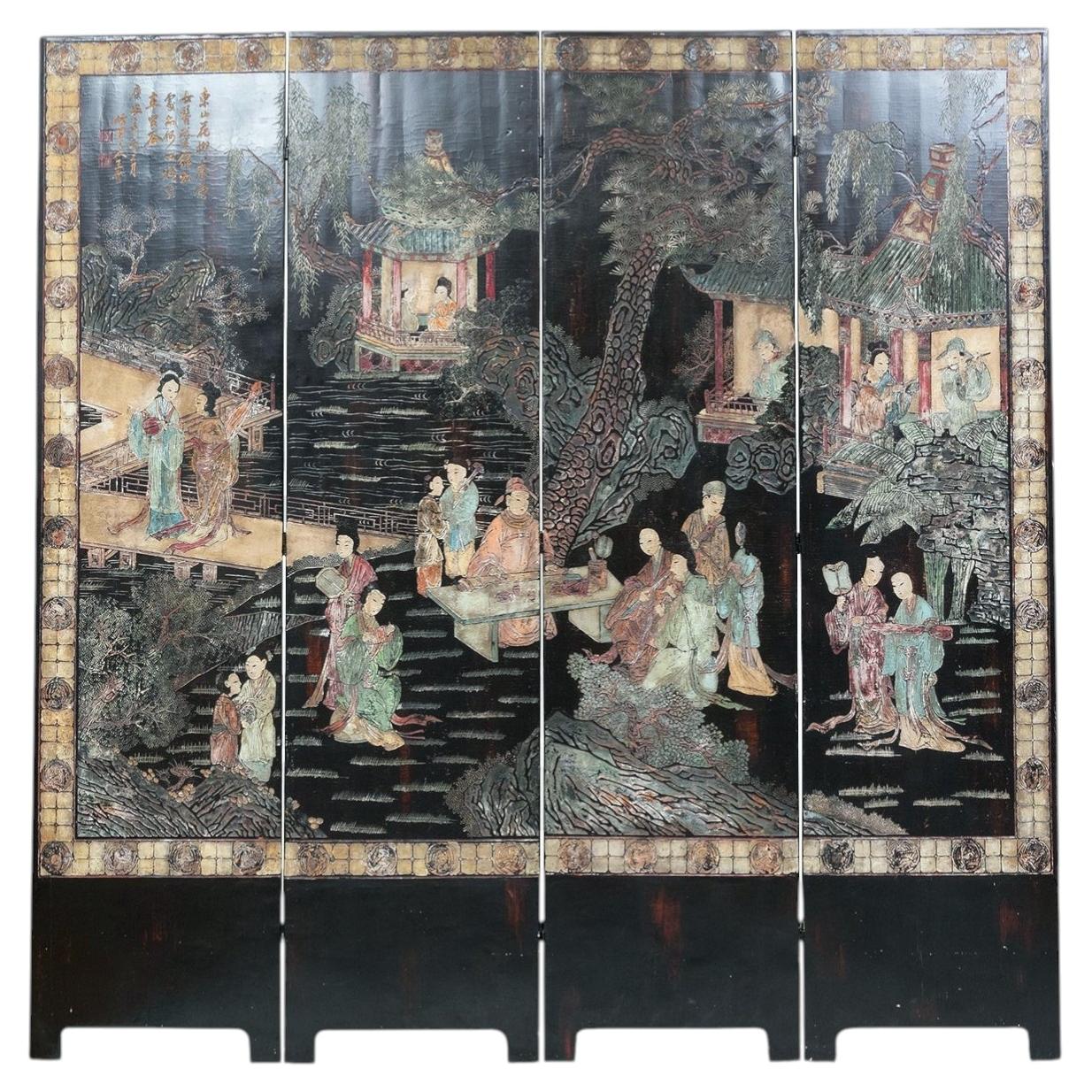 1970s Ming Dynasty Style Coromandel Four Panel Screen For Sale At 1stDibs 1970s-ming-dynasty-style-coromandel-four-panel-screen-for-sale-at-1stdibs