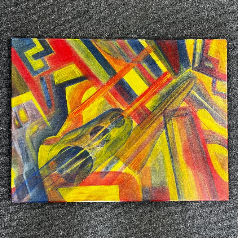 1970s Modern Artwork Colorful Still Life Painting Abstract Guitar For ...