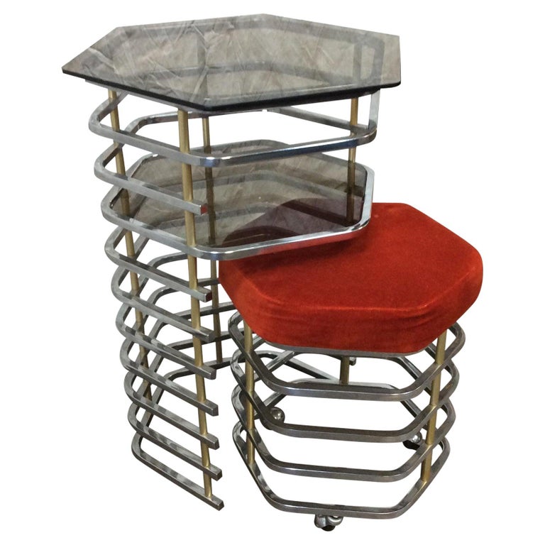 1970s Modern Italian Chrome, Brass and Glass Vanity Table and Stool, 2 ...