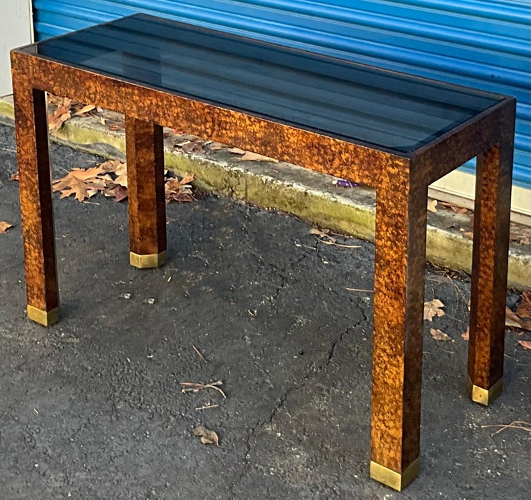 1970s Modern Parsons Style Faux Tortoise Brass and Glass Console Table ...