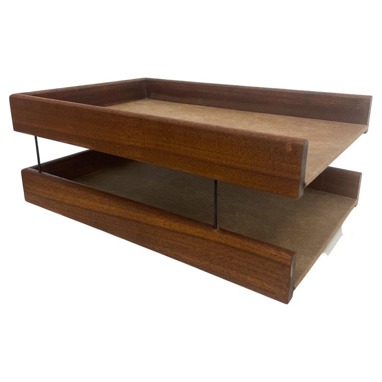 1970s Modern Two Tier Paper Tray Solid Walnut Wood and Bronze Desk ...