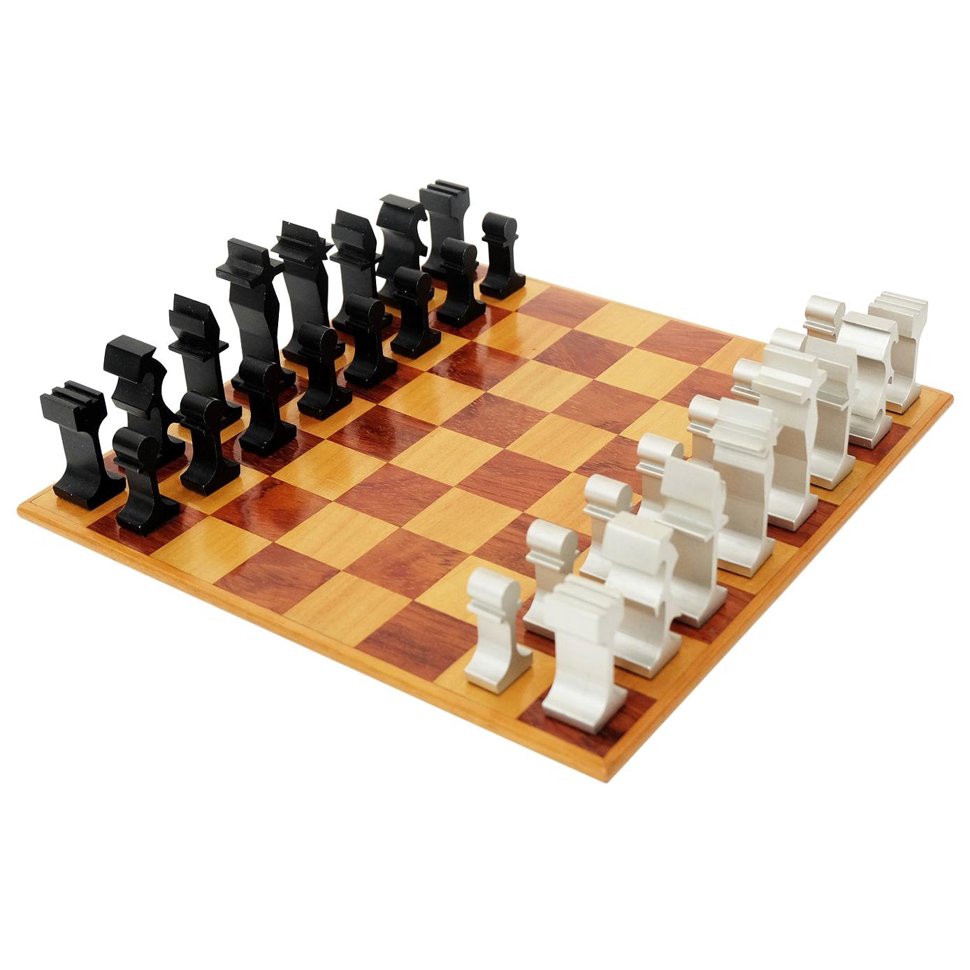 1970s Modernist Aluminum and Walnut Chess Set at 1stDibs