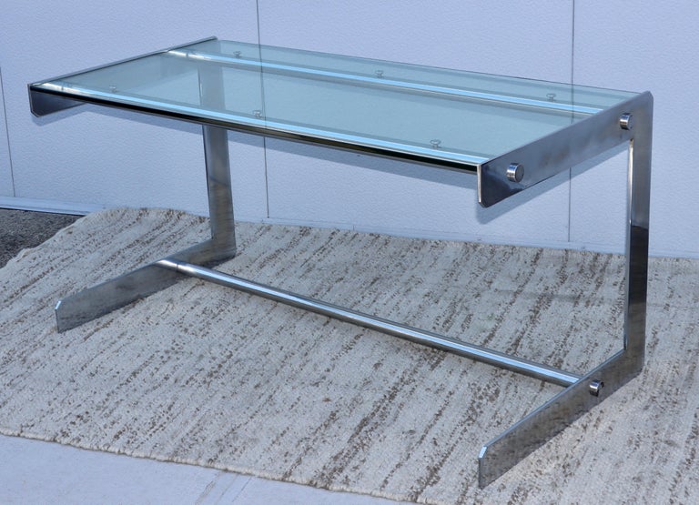 1970's Modernist French Brushed Steel and Glass Desk For Sale at 1stDibs